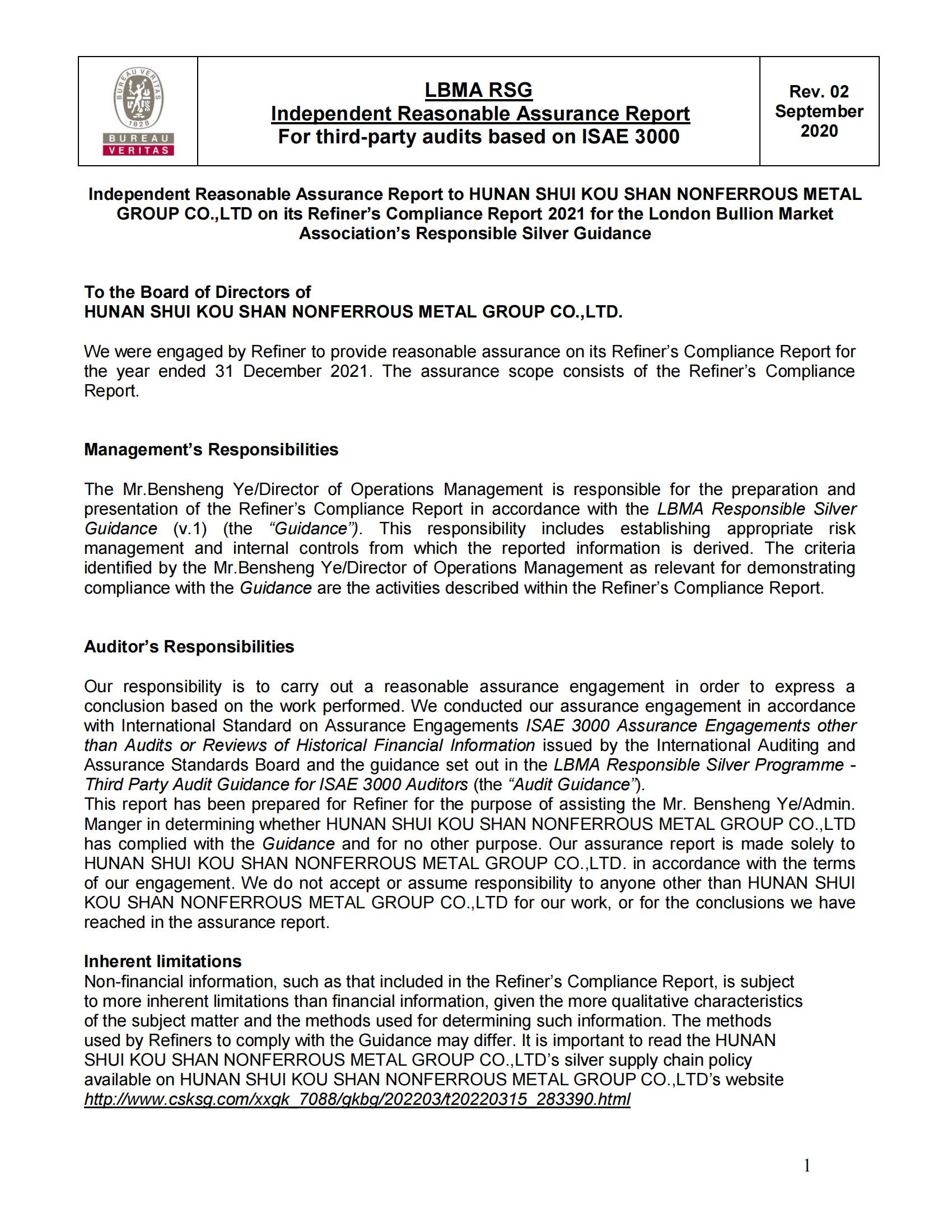 A Independent Reasonable Assurance Report LBMA ISAE 3000_Silver_HUNAN ...