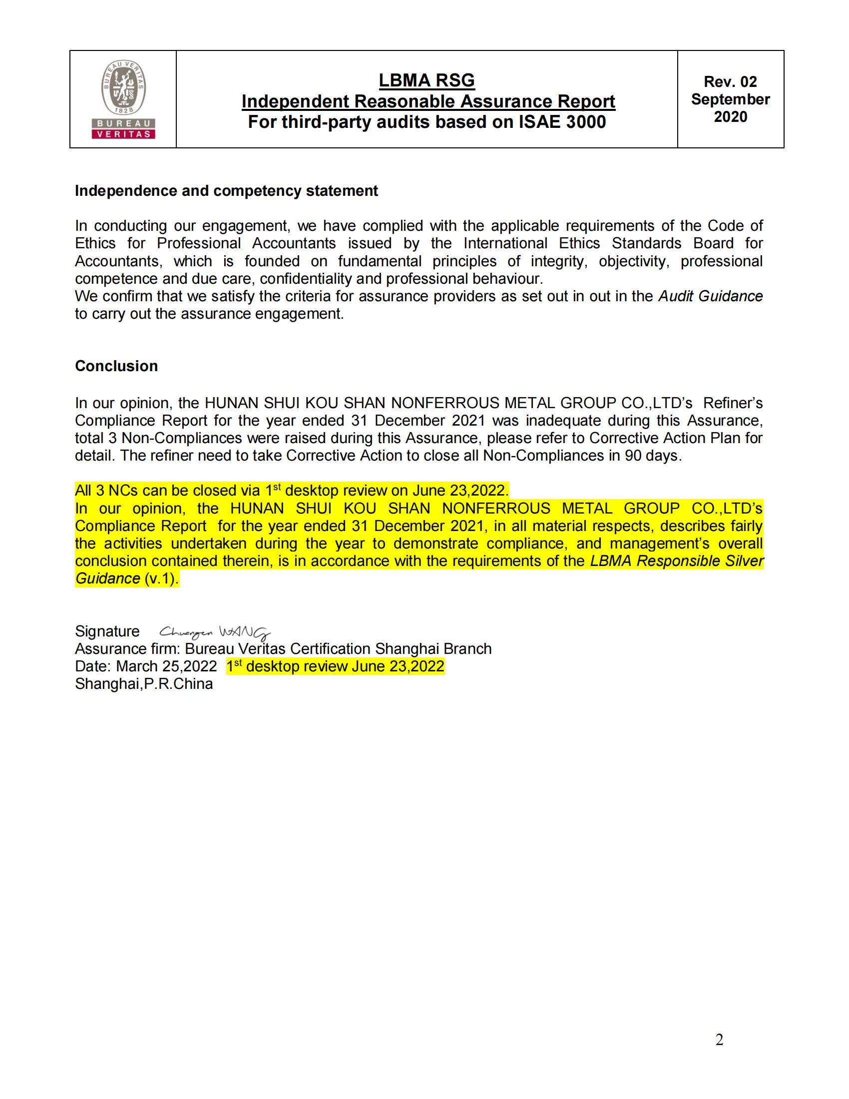 A Independent Reasonable Assurance Report LBMA ISAE 3000_Silver_HUNAN ...